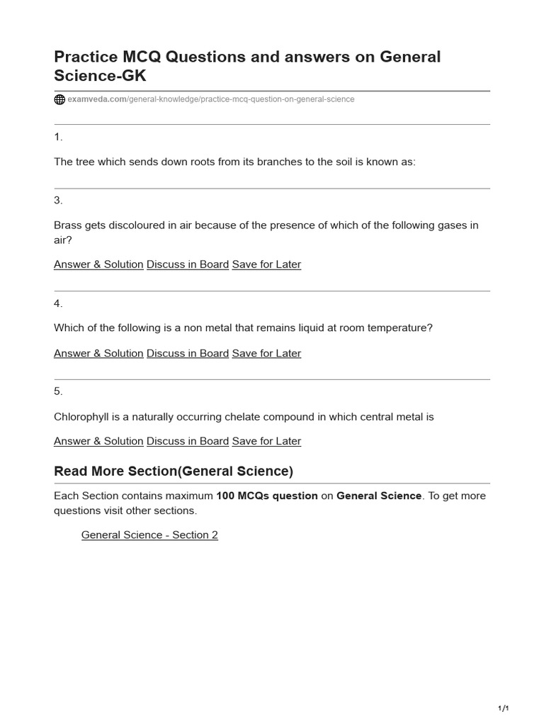 Practice MCQ Questions and Answers On General Science-GK | PDF