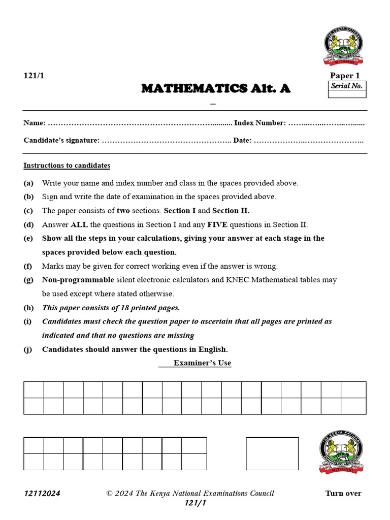 Kcse 2024 121 Pp1 24th Nov | PDF | Circle | Area