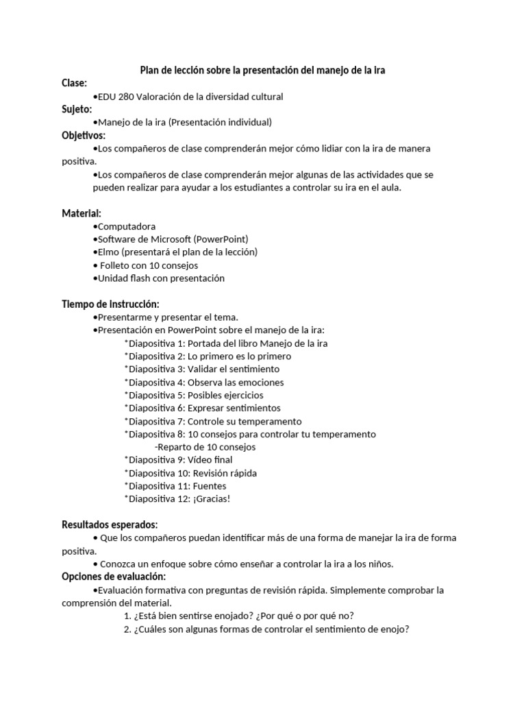 plan de lección sobre presentación de manejo de la ira | PDF