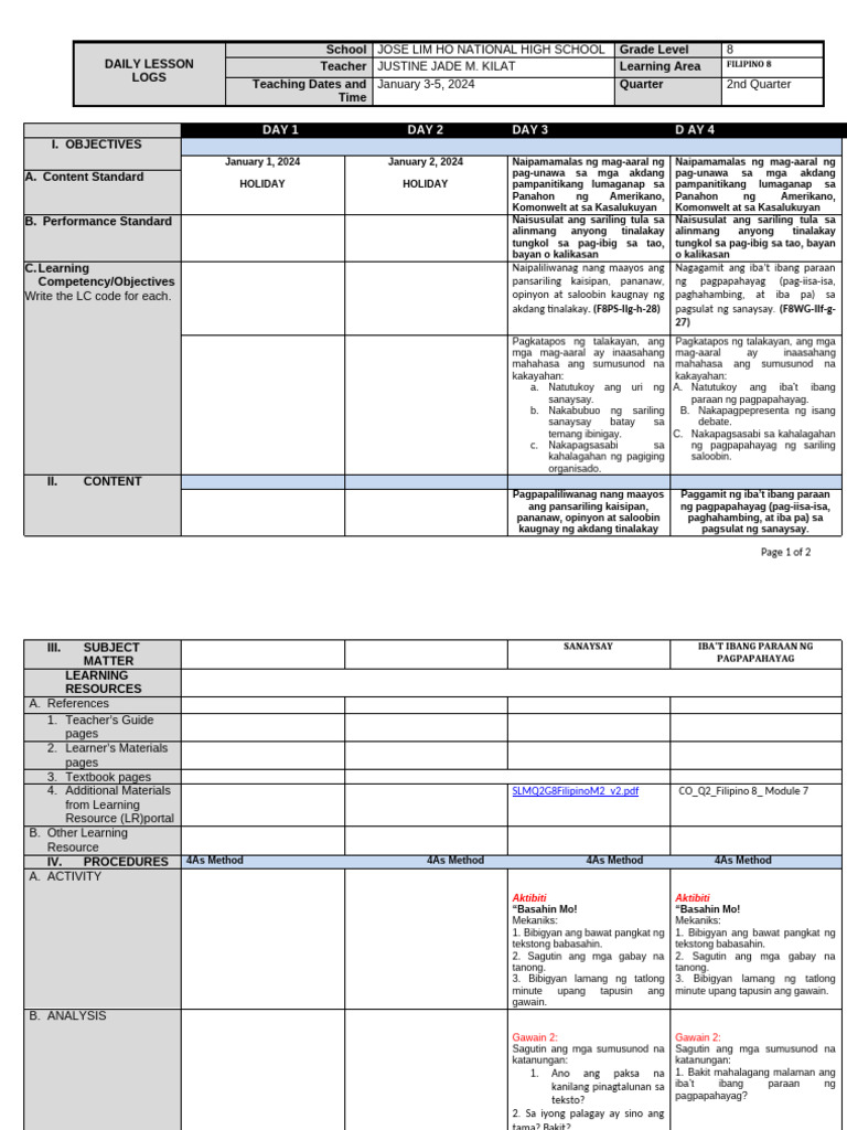 Fil8 January 3 5 6th 2nd Quarter | PDF