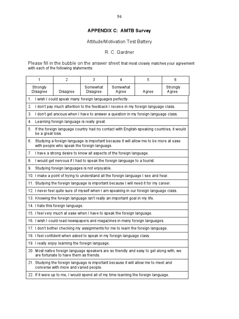 Attitude & Motivation Scale Survey From AMTB | PDF | Foreign Language ...