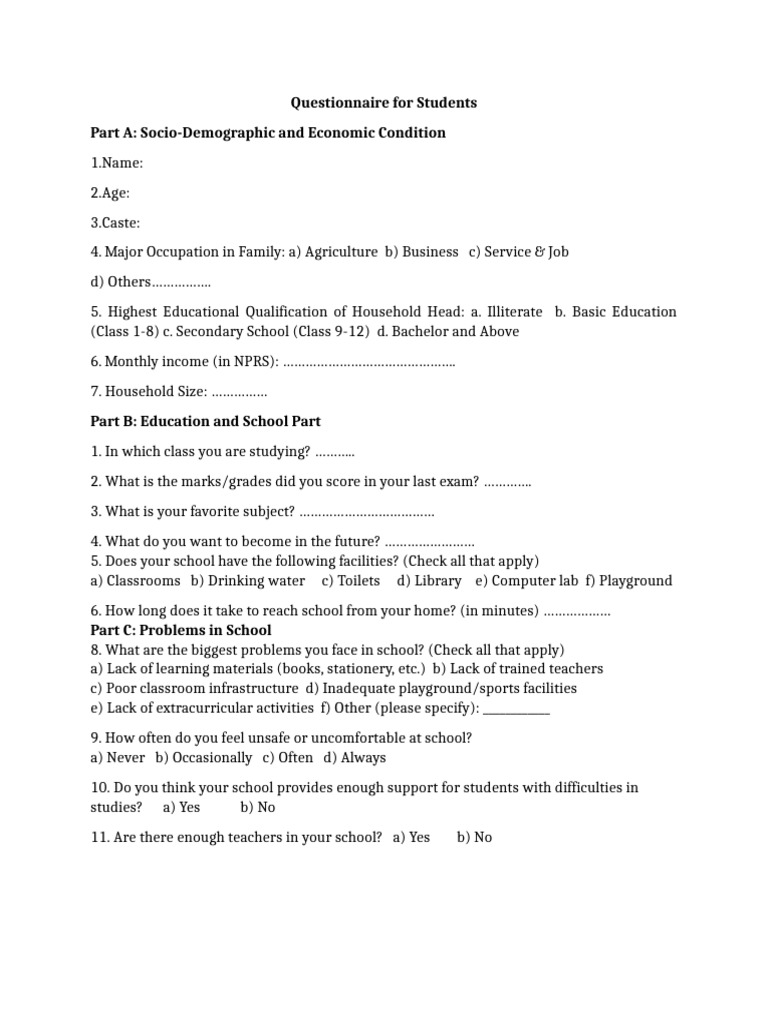 Student Questionnaire for School Survey | PDF | Schools | Teachers