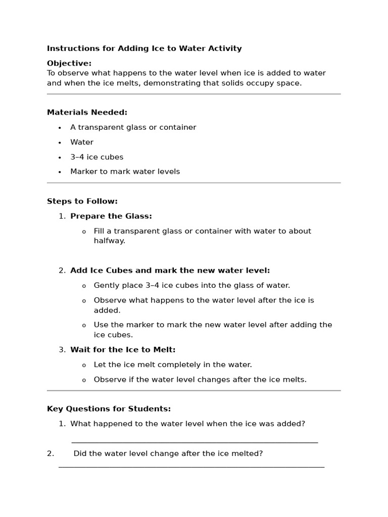 Ice and Water Level Experiment Instructions | PDF