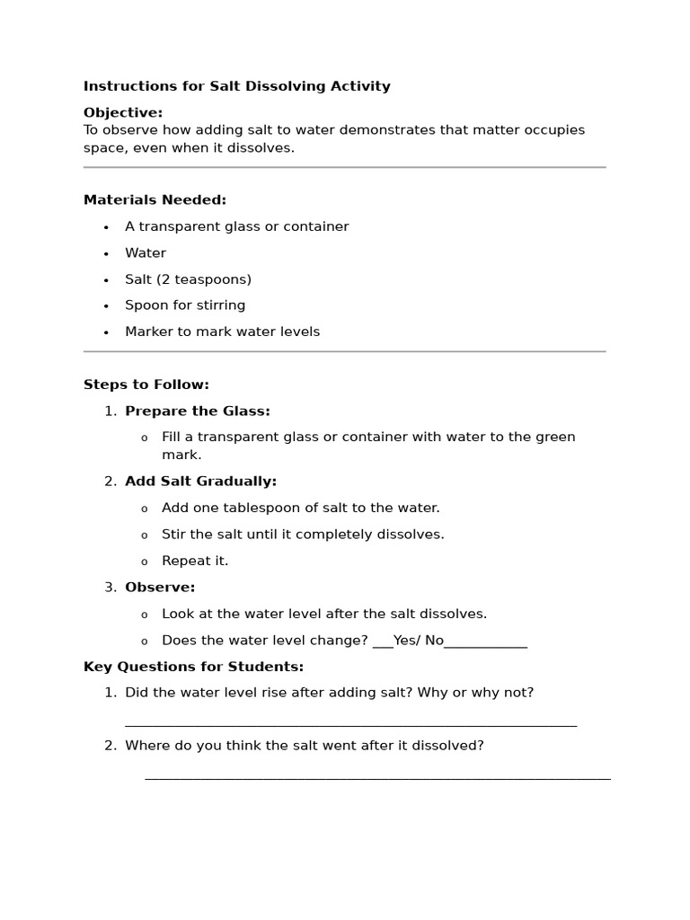 Instructions for Salt Dissolving Activity | PDF