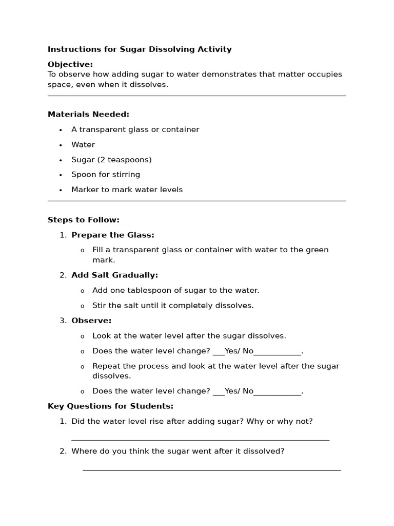 Instructions For Sugar Dissolving Activity | PDF