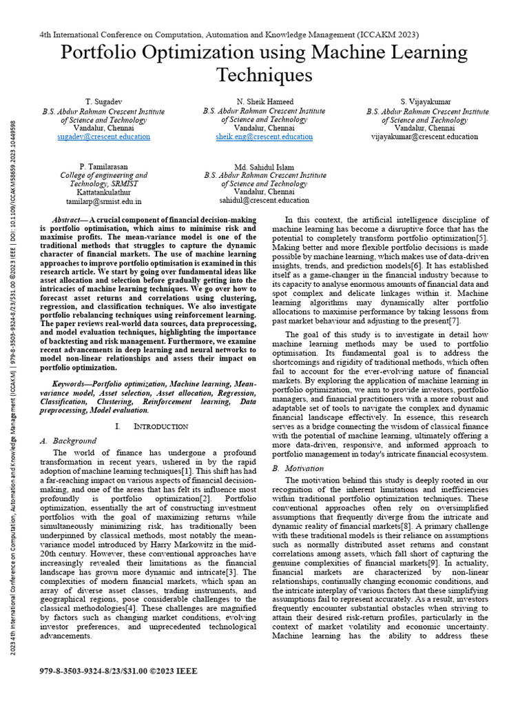Portfolio_Optimization_Using_Machine_Learning_Techniques | PDF | Machine Learning | Deep Learning