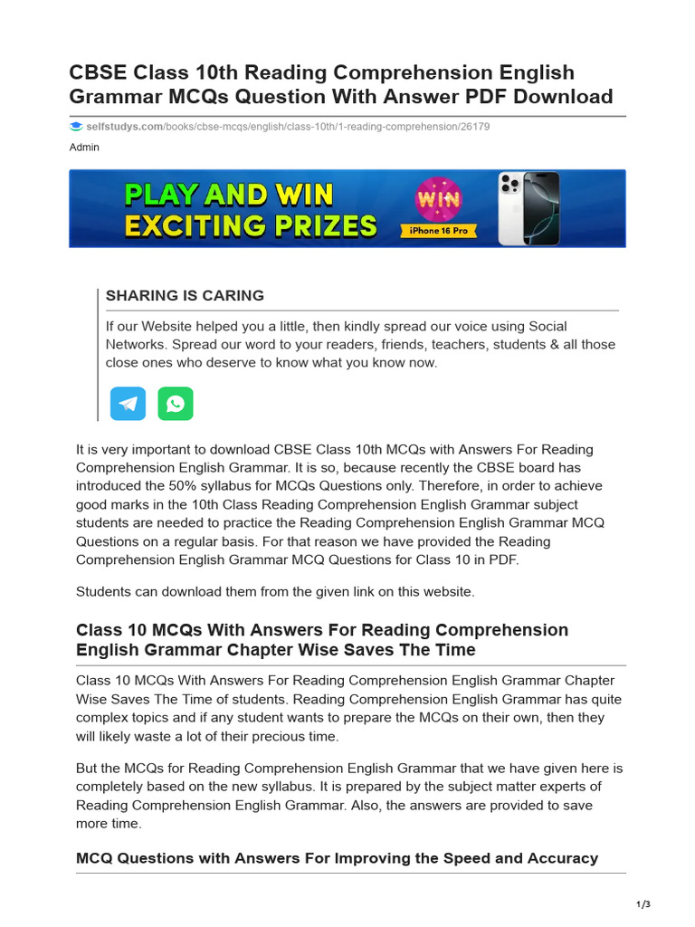 selfstudys.com-CBSE Class 10th Reading Comprehension English Grammar ...