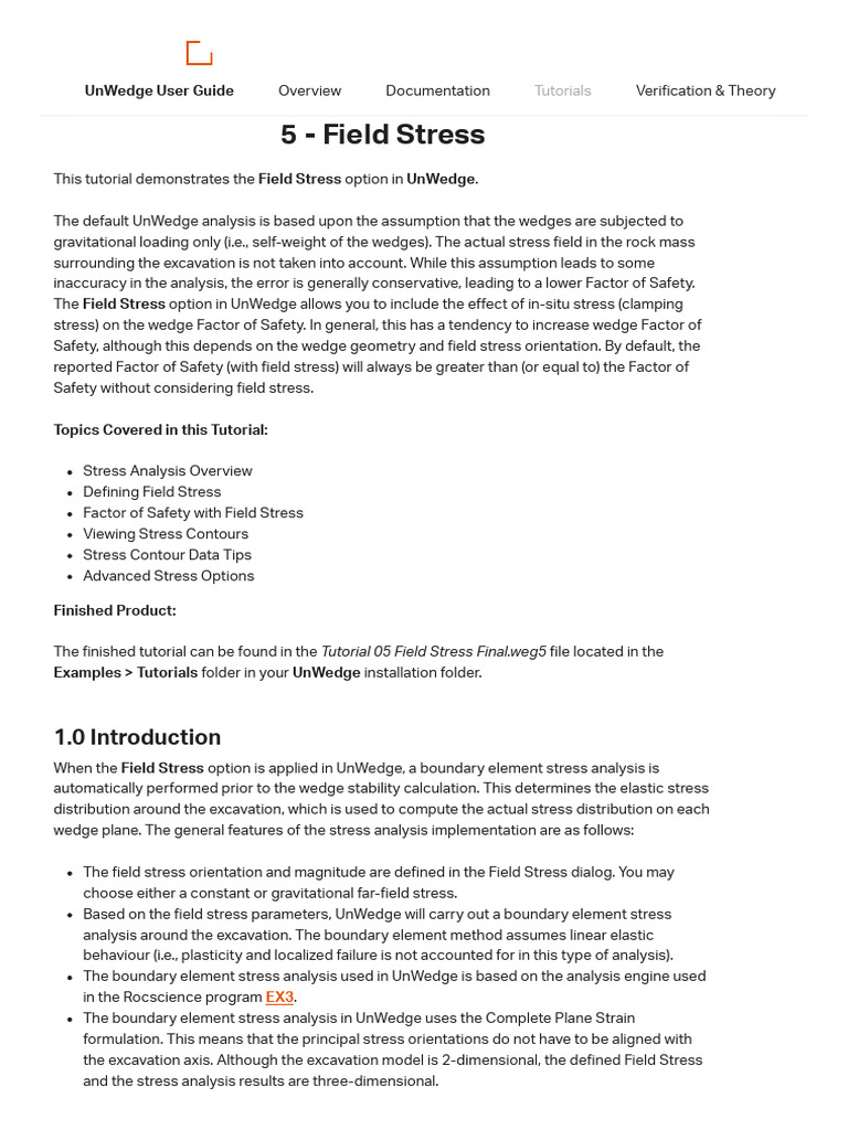 UnWedge Tutorials _ 5 - Field Stress | PDF | Stress (Mechanics) | Stress–Strain Analysis