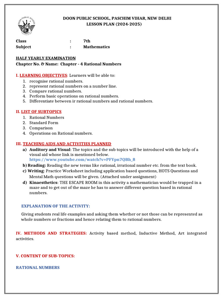Class 7 Math Lesson Plan: Rational Numbers | PDF | Numbers | Rational Number