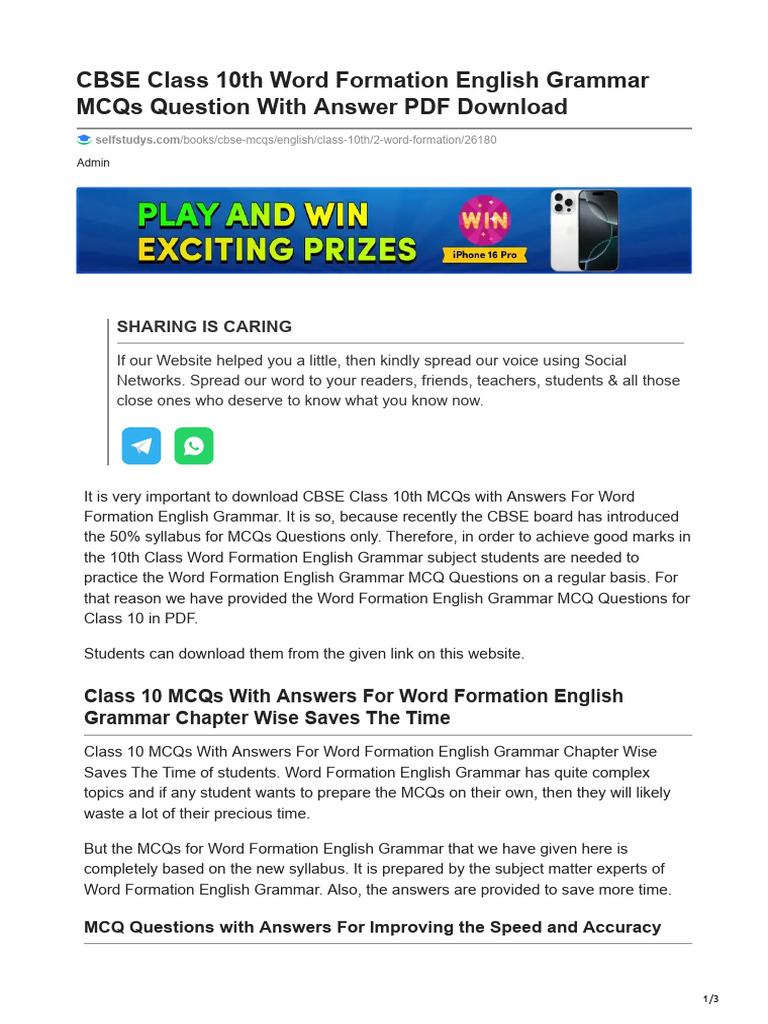 selfstudys.com-CBSE Class 10th Word Formation English Grammar MCQs ...