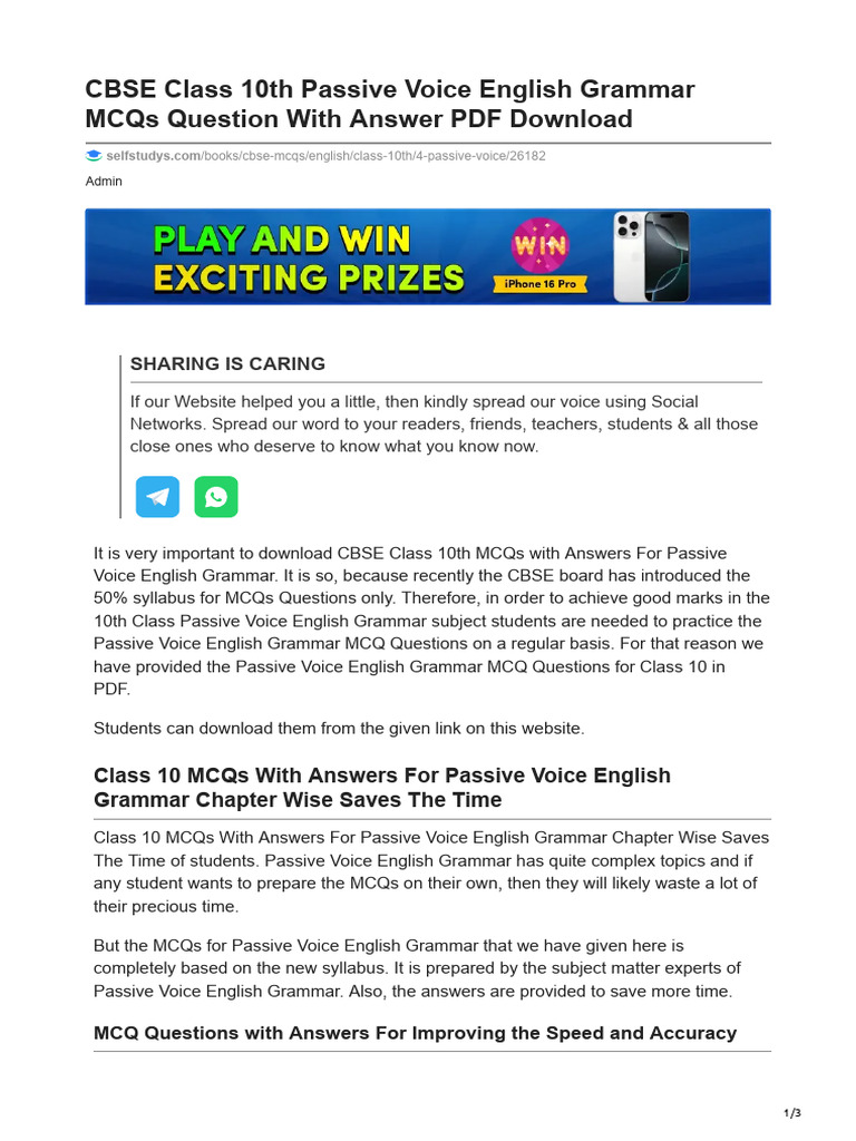 CBSE Class 10th Passive Voice English Grammar MCQs Question With Answer PDF Download | PDF ...