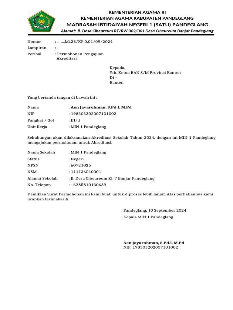 Permohonan Akreditasi MIN 1 Pandeglang | PDF