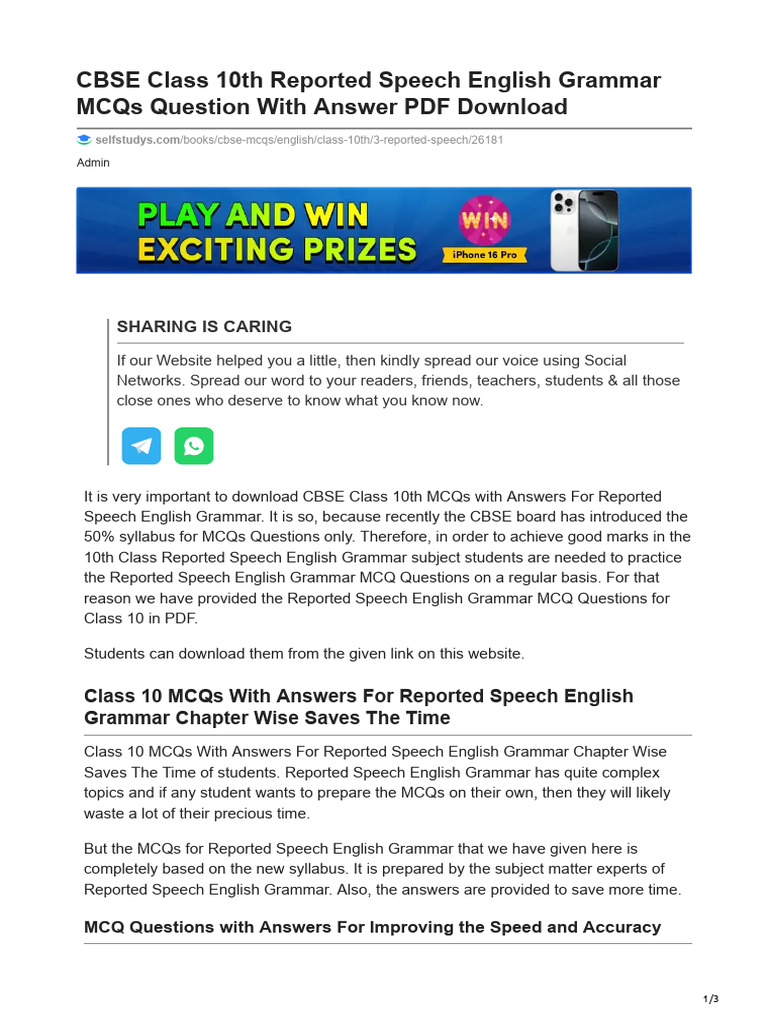 Class 10 Reported Speech MCQs PDF | PDF | Multiple Choice