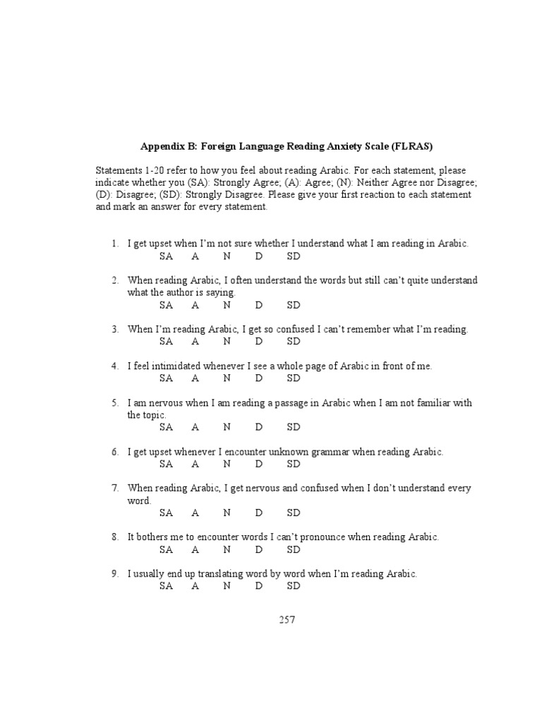 Foreign Language Reading Anxiety Scale (FLRAS) | PDF