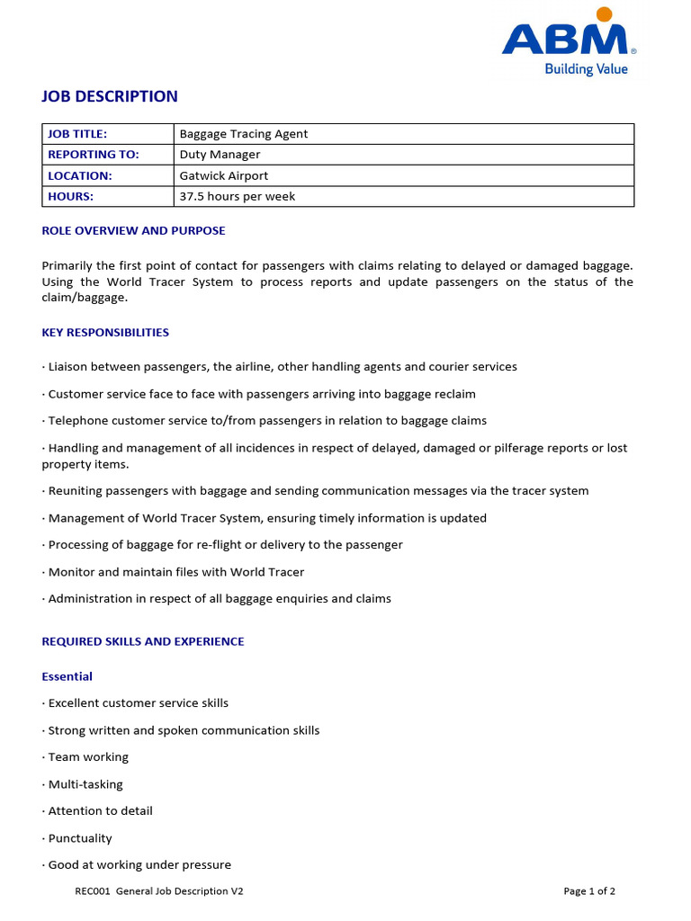 Baggage Tracing Agent Job Description | PDF | Airport | Identity Document