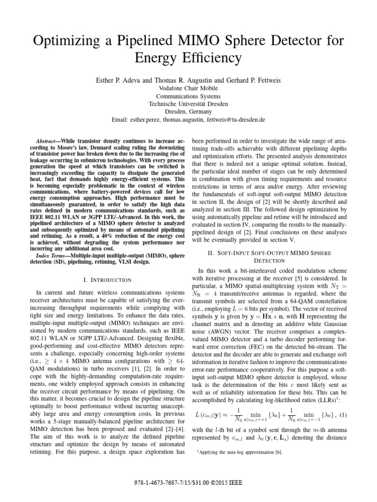 Optimizing A Pipelined MIMO Sphere Detector For Energy Efficiency | PDF | Mimo | Information And ...