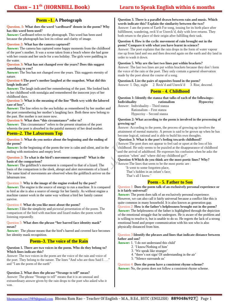 Class 11 Hornbill Poems Overview | PDF | Poetry