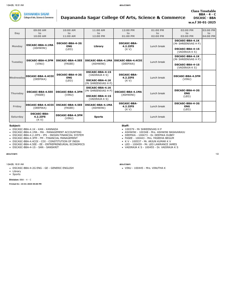 BBA 4C Class Timetable 2025 | PDF