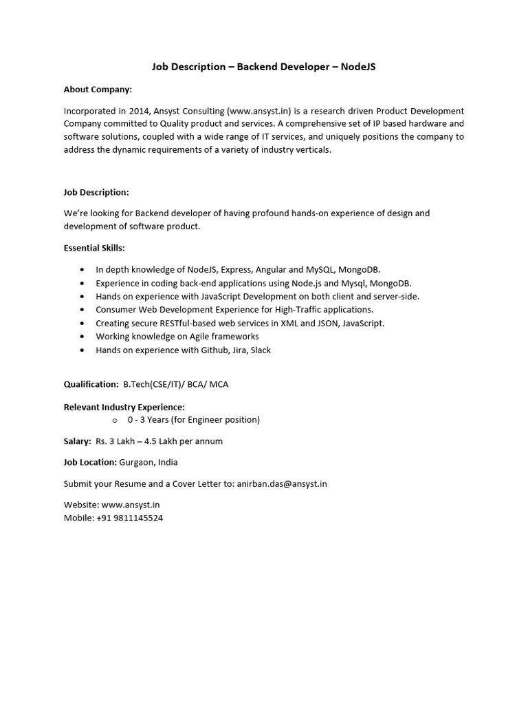 Job Description – Backend Developer NodeJS | PDF