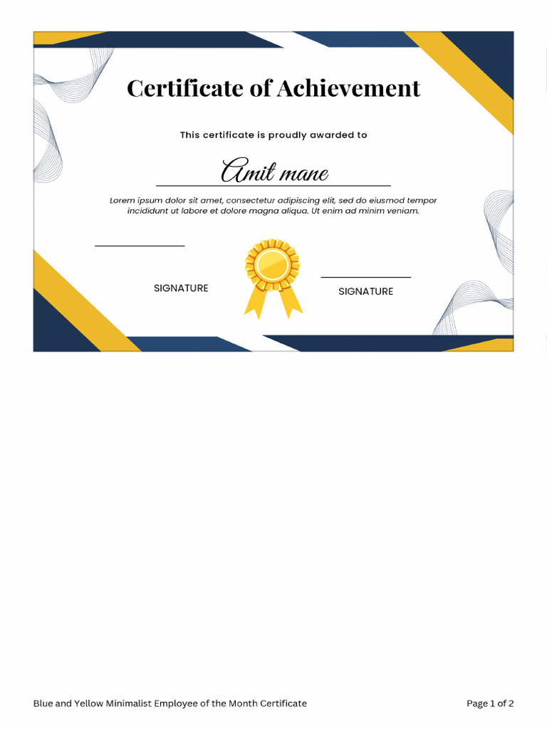 Blue and Yellow Minimalist Employee of The Month Certificate | PDF