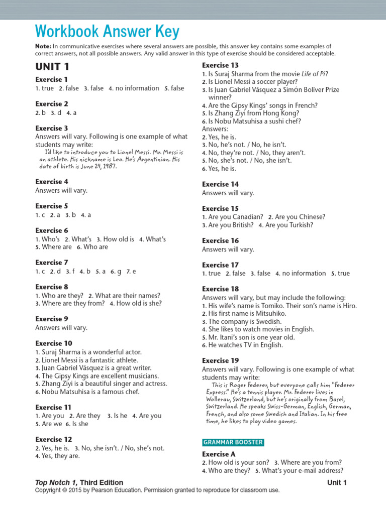 Top Notch 1 Workbook Answer Key | PDF | Grandparent