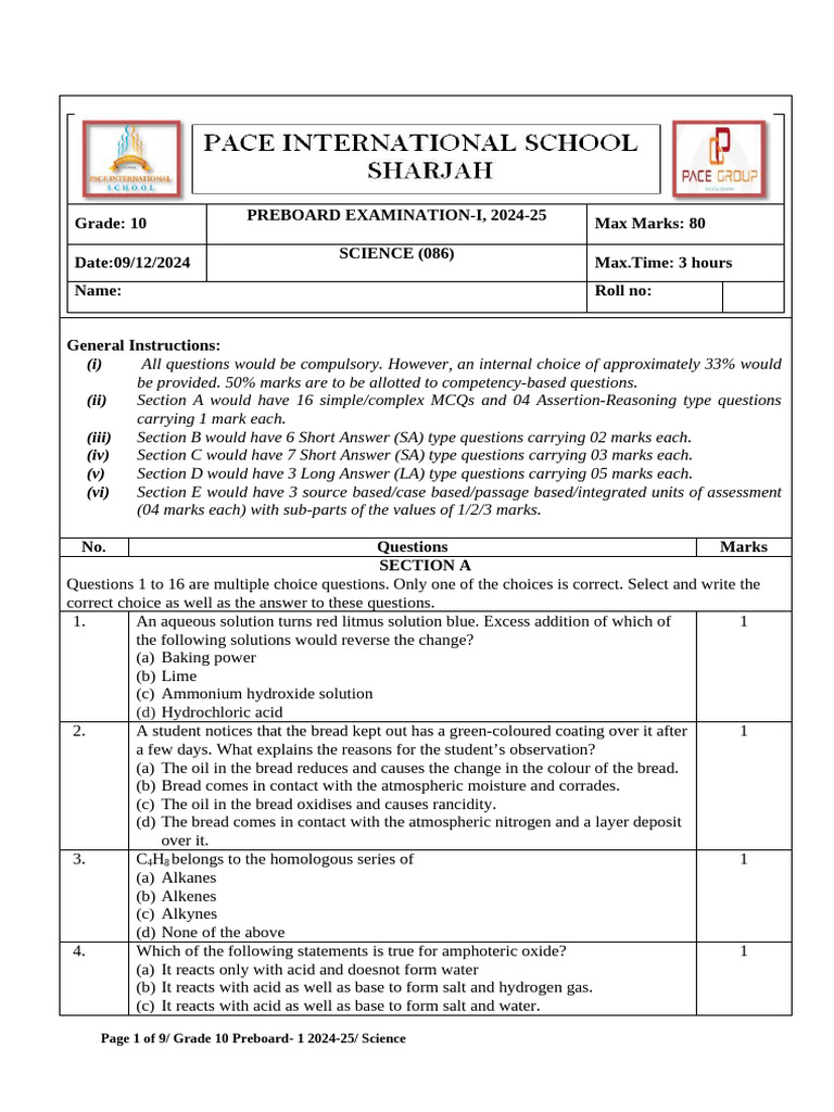 Grade 10 Science Preboard Exam 2024-25 | PDF | Chemical Reactions ...