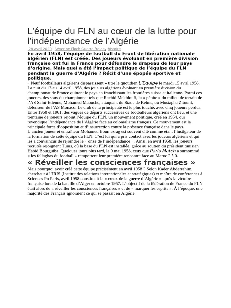 L'équipe du FLN : Football et indépendance algérienne | PDF