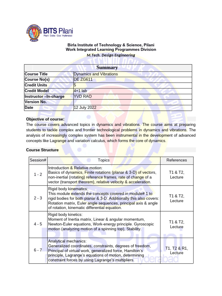 DE ZG611 COURSE HANDOUT - Dynamics and Vibrations - Course Handouts | PDF | Kinematics | Rotation