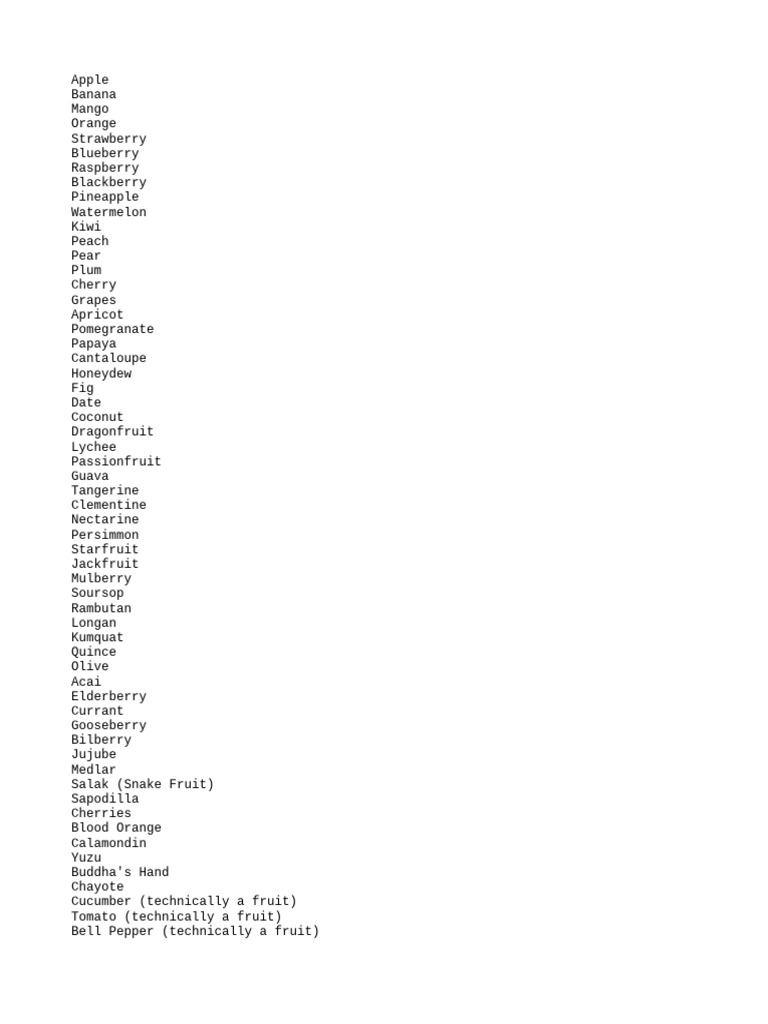 List of 60 Fruits in English | PDF