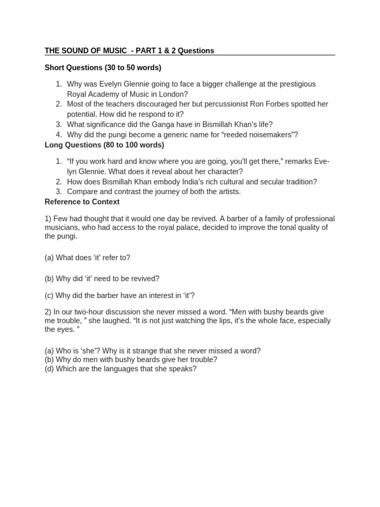 Sound of Music Questions Part 1 & 2 | PDF