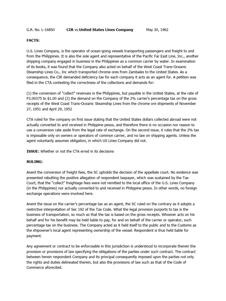 CIR Vs United Lines Company - Obli Con - Art 1158 | PDF | Taxes | Payments