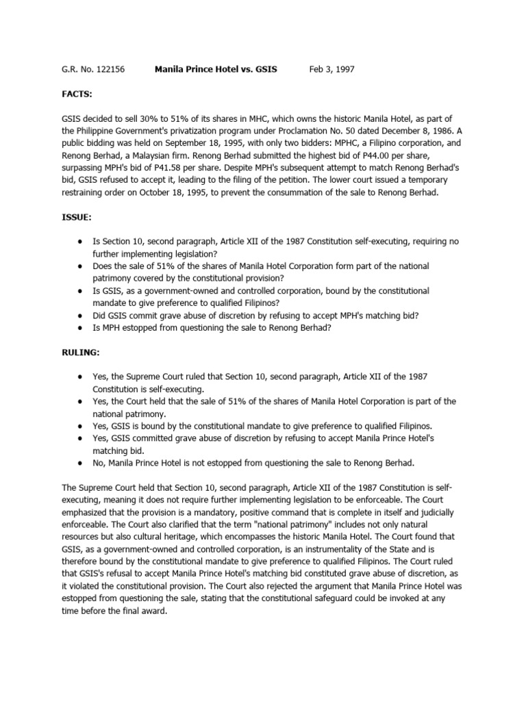 Manila Prince Hotel vs. GSIS Case Summary | PDF | Political Charters ...