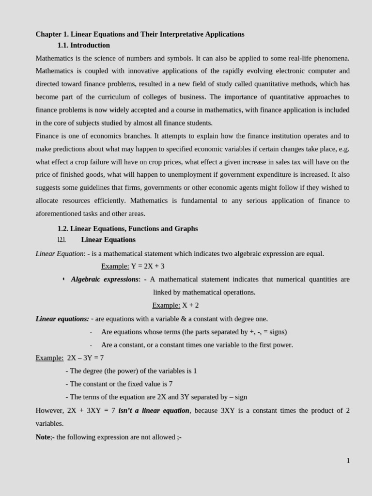 Chapter 1 Linear Equations N Their Interpretative Applications | PDF ...
