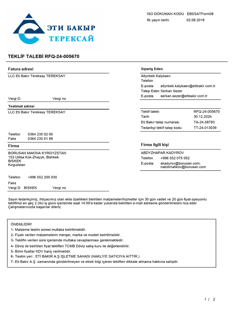 Teklif Talep Formu - TT-24-013039 - 12 30 24 - 05 26 17 Am | PDF