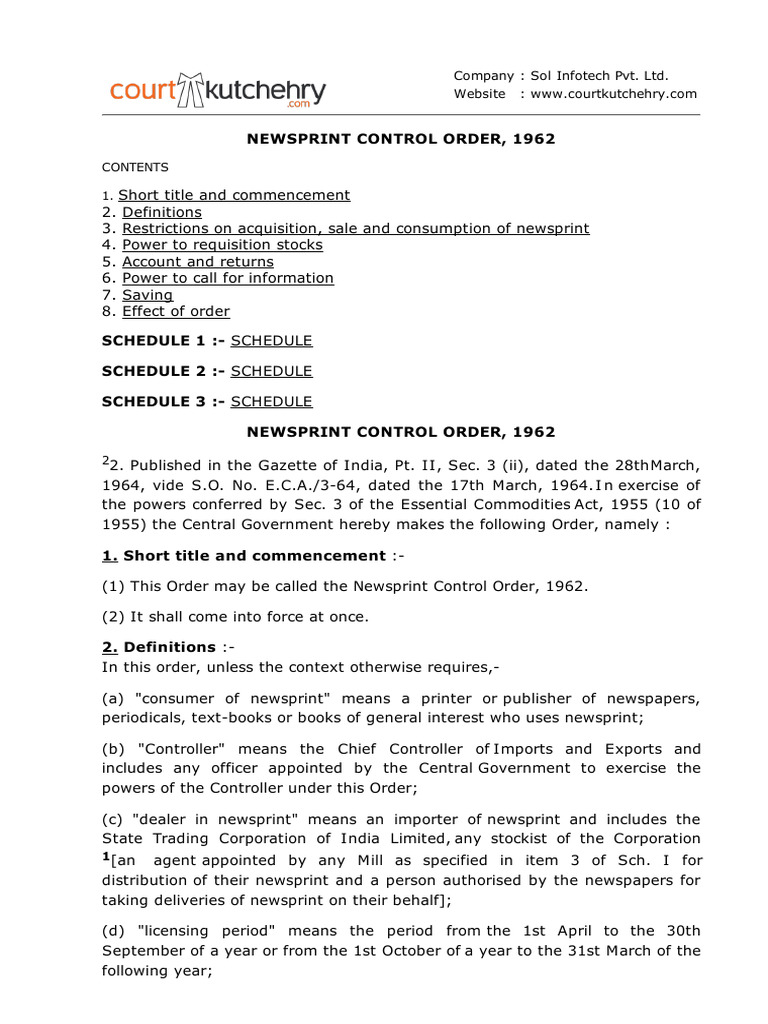 Newsprint Control Order 1962 Overview | PDF | Newsprint | Paper