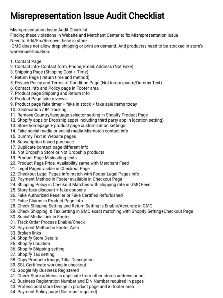 Misrepresentation Issue Audit Checklist | PDF