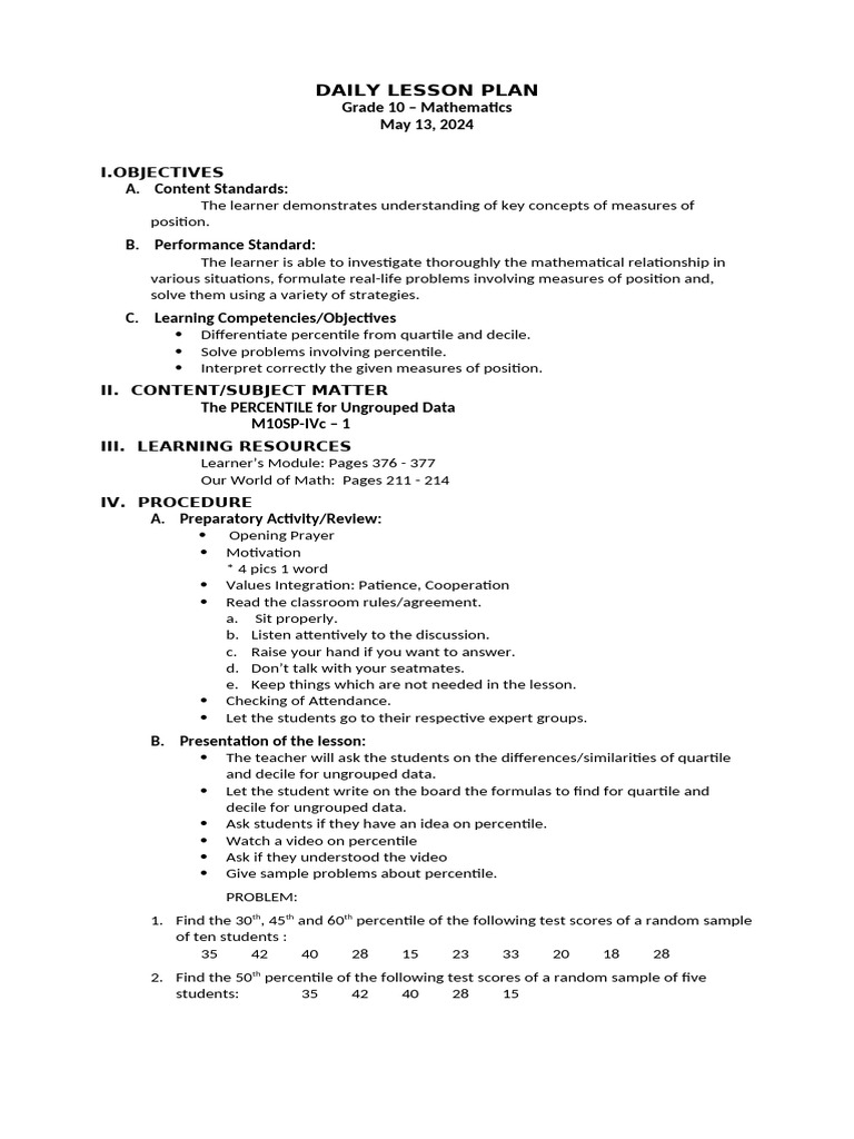 LESSON PLAN Percentileungroupeddata | PDF | Percentile | Quartile