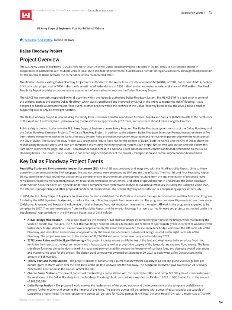 Fort Worth District - Missions - Civil Works - Dallas Floodway | PDF
