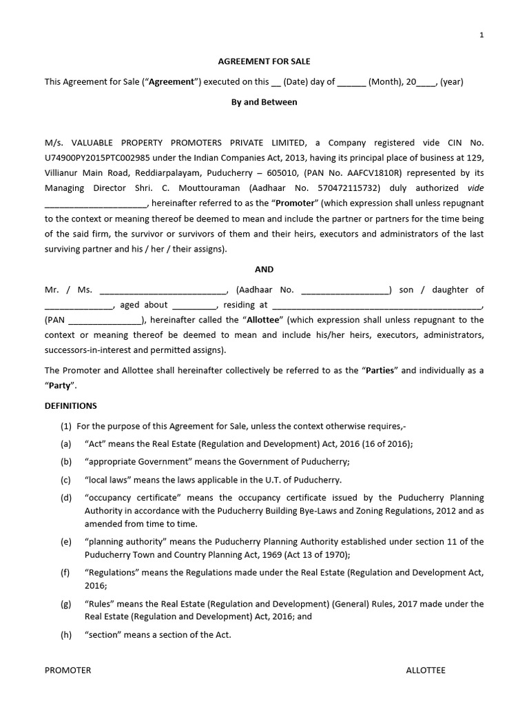 VPP RERA Agreement Format | PDF | Taxes | Payments