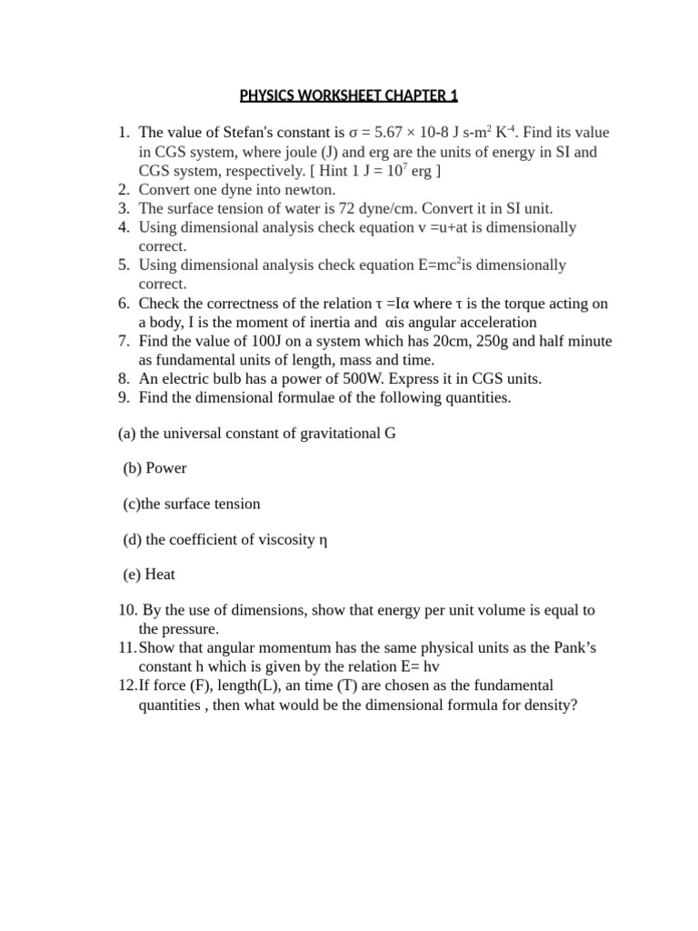 Physics Worksheet: Dimensional Analysis and Conversions | PDF
