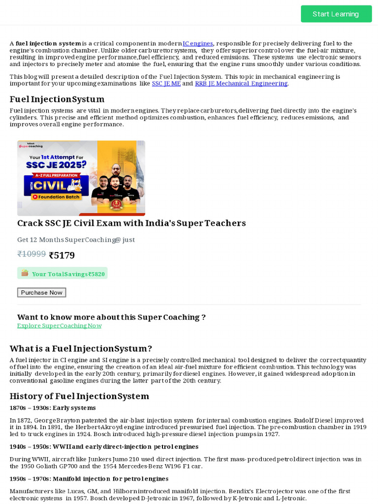 Fuel Injection System - Functions, Parts, Working, Types, Uses. | PDF