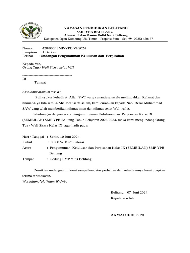 Undangan Perpisahan Kelas IX SMP YPB | PDF
