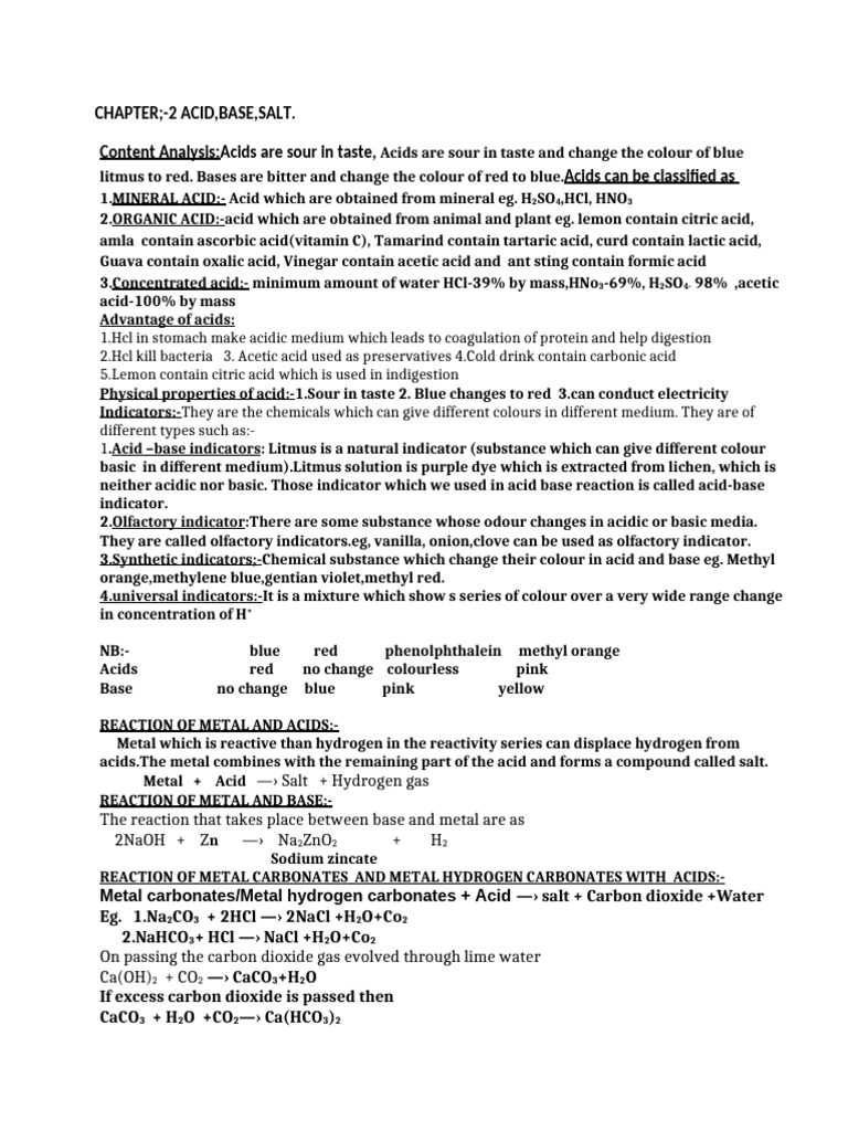 Acid Base Salts Note | PDF | Acid | Sodium Carbonate