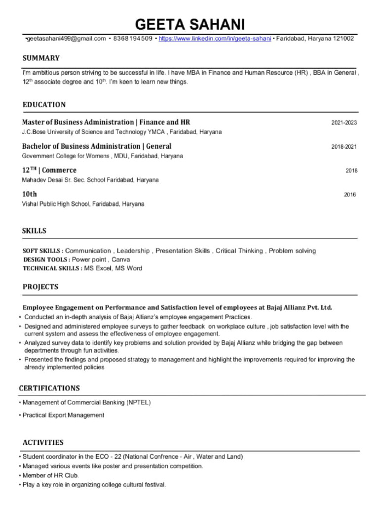 MBA Student Resume For Fresher | PDF
