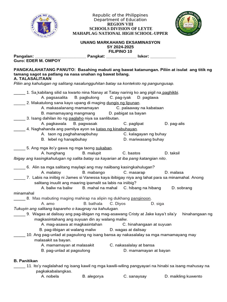 1ST QUARTER EXAM Filipino | PDF