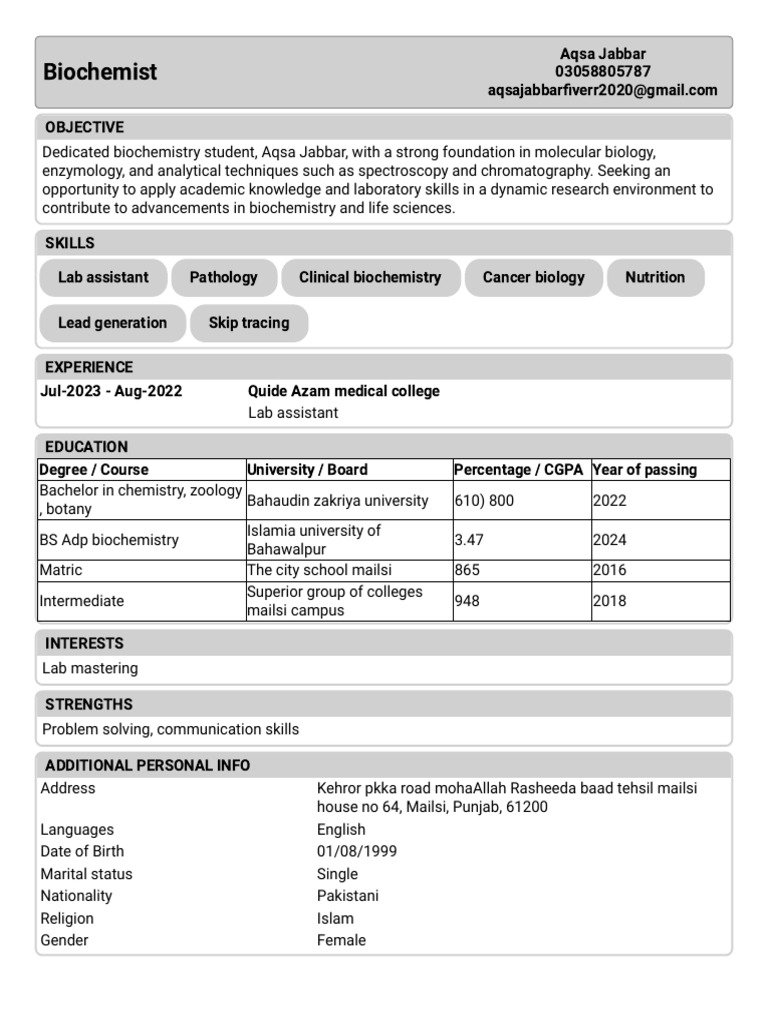 Biochemistry Student Resume | PDF