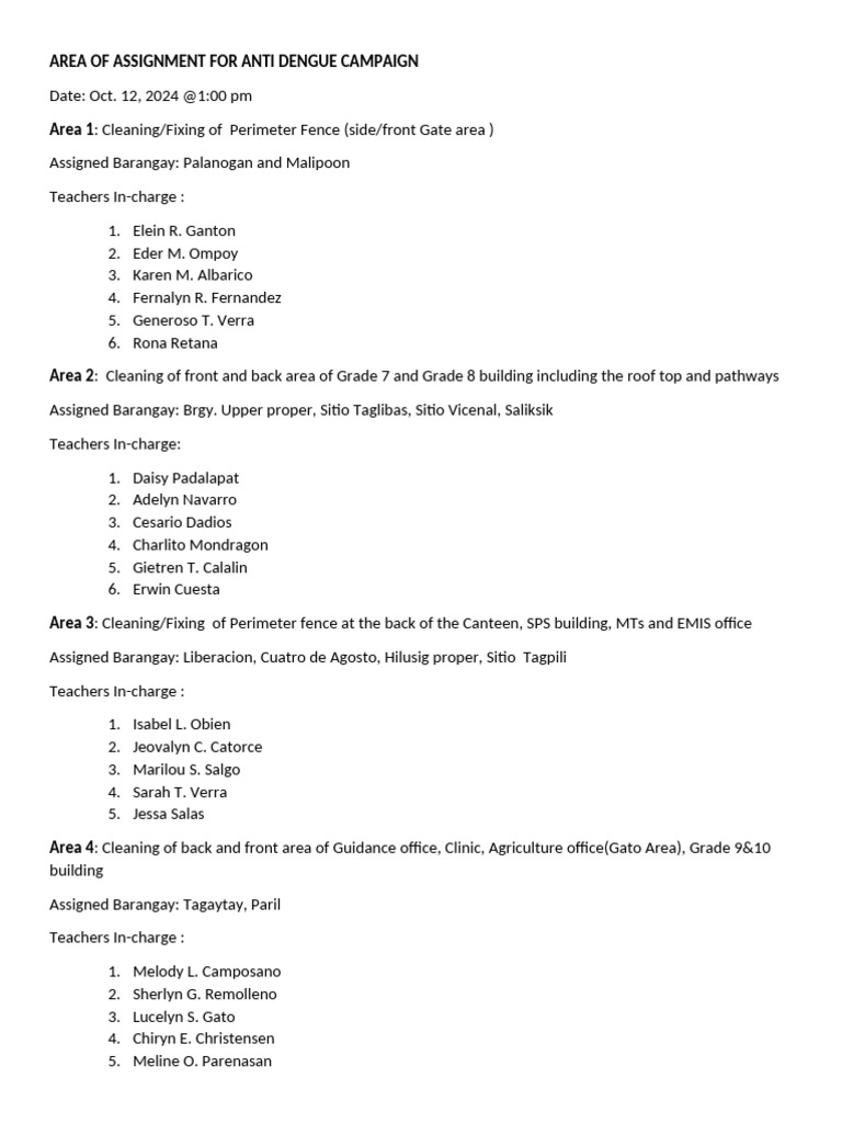 Area of Assignment For Anti Dengue Campaign | PDF