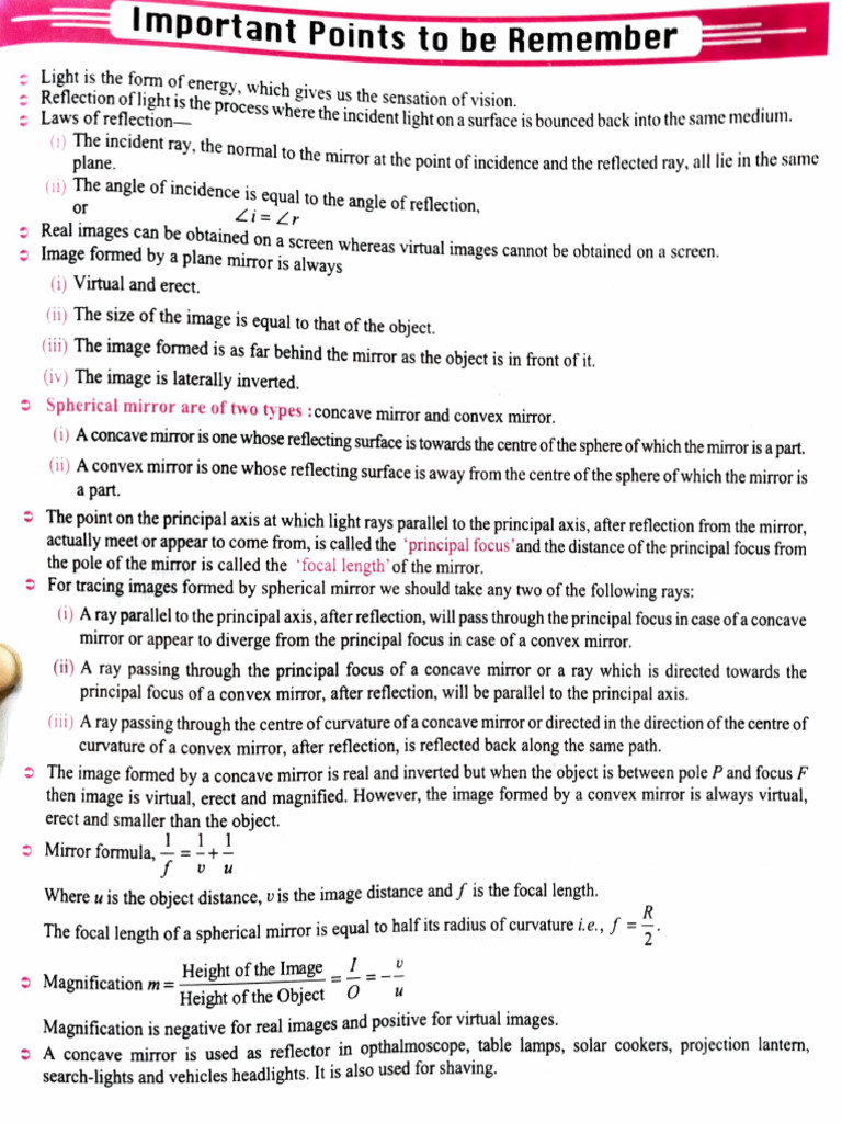 10 Cbse Physics Light Short Notes | PDF | Mirror | Electrodynamics