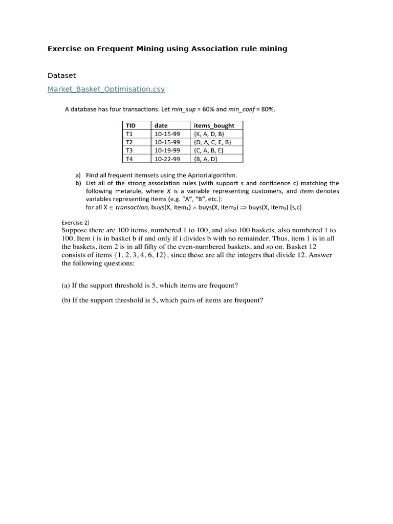 Exercise on Frequent Mining using Association rule mining | PDF