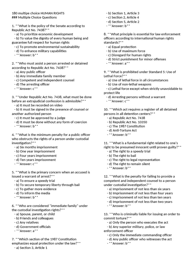 Human Rights Multiple Choice Quiz | PDF | Detention (Imprisonment) | Arrest